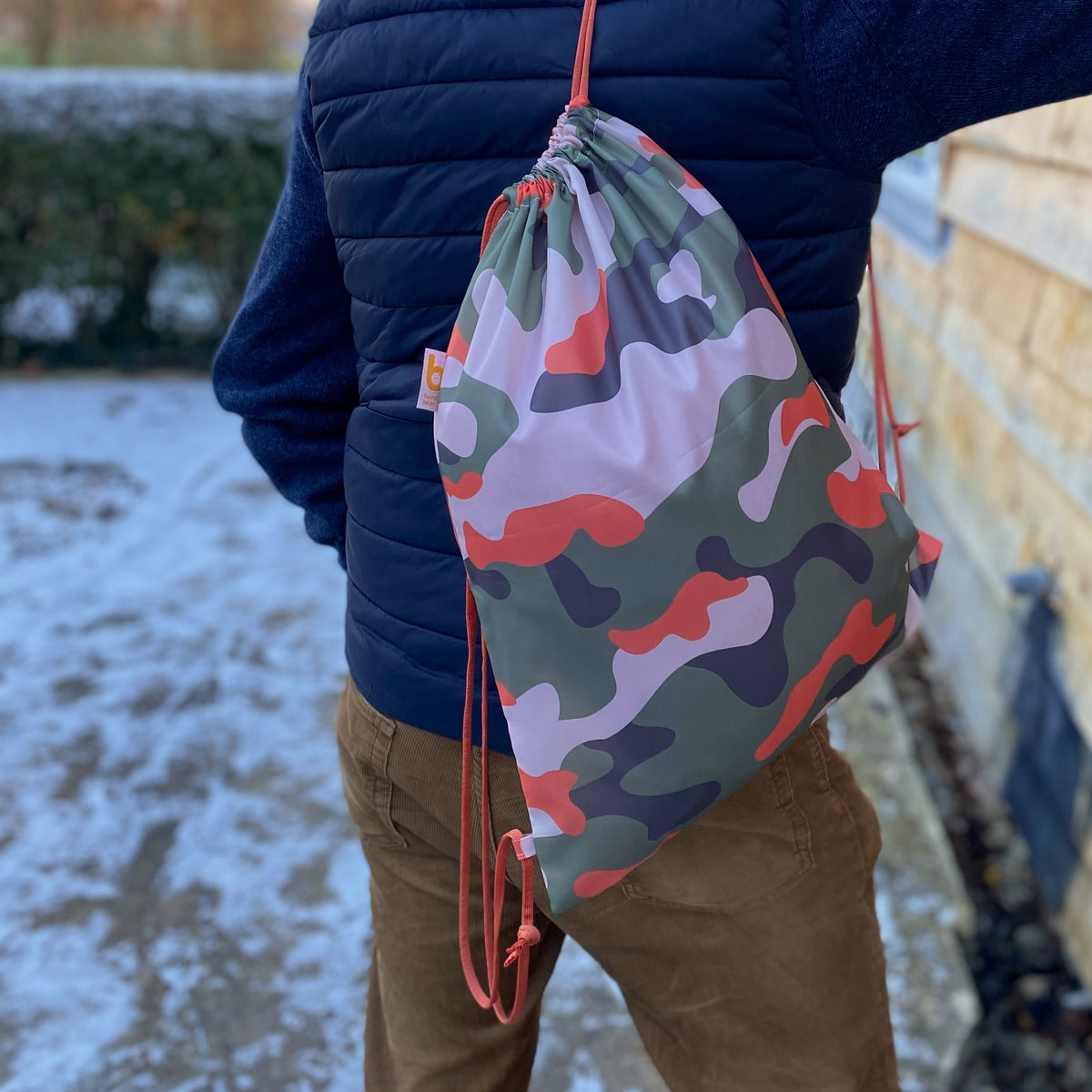 Funky Drawstring bag for wheelchair storage: Khaki Camo Design – BundleBean