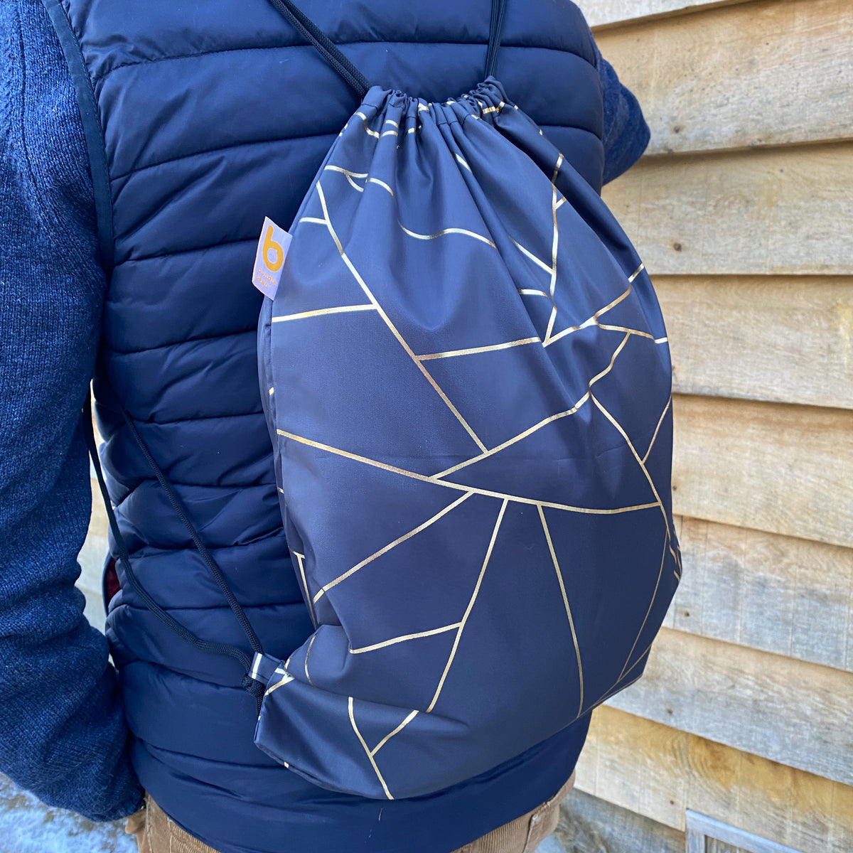 Drawstring bag for wheelchair in Gold Geometric design – BundleBean